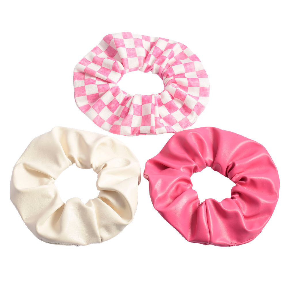 Leather Scrunchie Set - Pink Checkered | Set of 3 Zipper Scrunchies ...